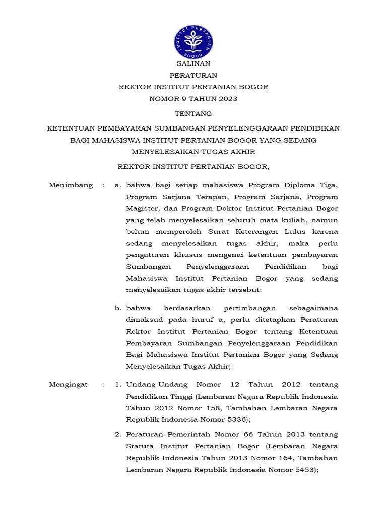 Salinan Peraturan Rektor IPB Nomor 9 Tahun 2023 Tentang Ketentuan ...