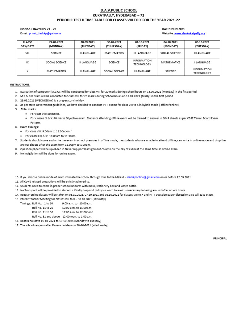 TIME TABLE FOR CLASSES VIII To X 21-22 | PDF