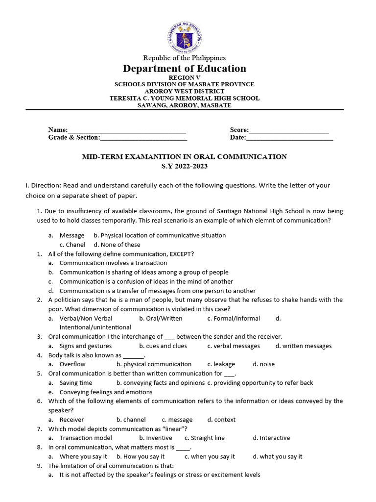 Oral Communication First Grading Exam | PDF | Communication | Nonverbal ...