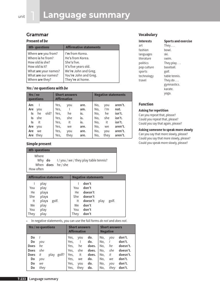 Four Corners Level 2 Unit 1 Language Summary | PDF