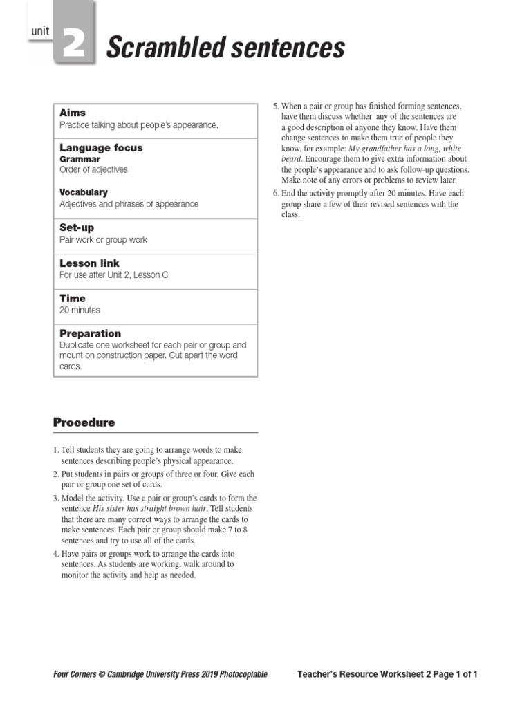 Four Corners Level 2 Unit 2 Scrambled Sentences Worksheet 2 | PDF ...