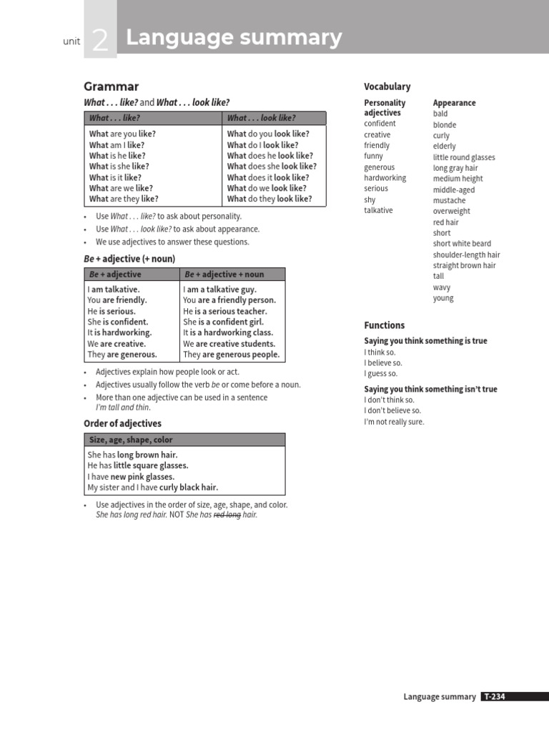 Four Corners Level 2 Unit 2 Language Summary | PDF | Adjective | Hair