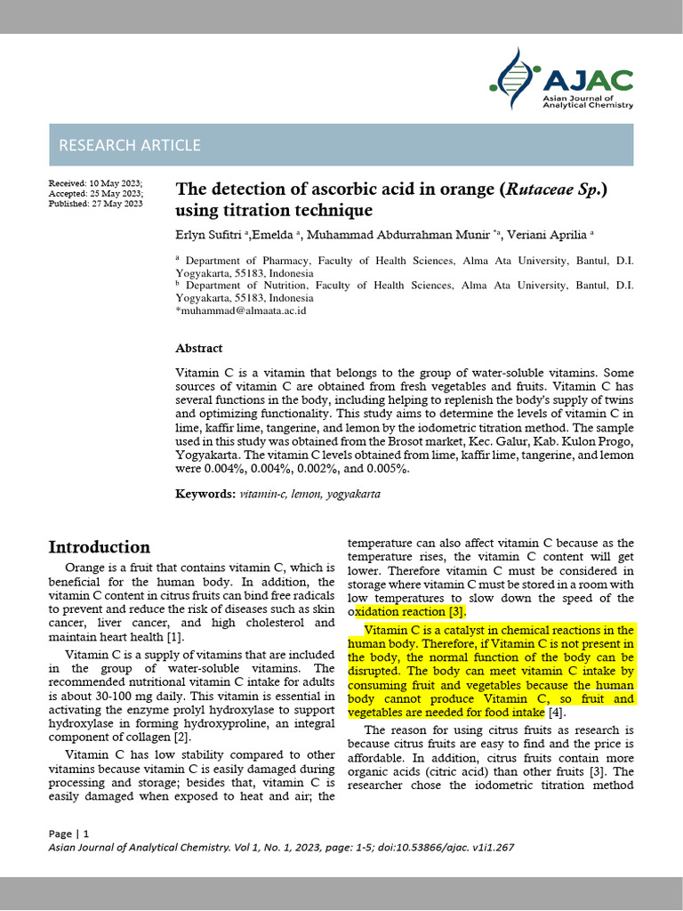 Vitamin C in Citrus: Titration Study | PDF | Titration | Chemistry