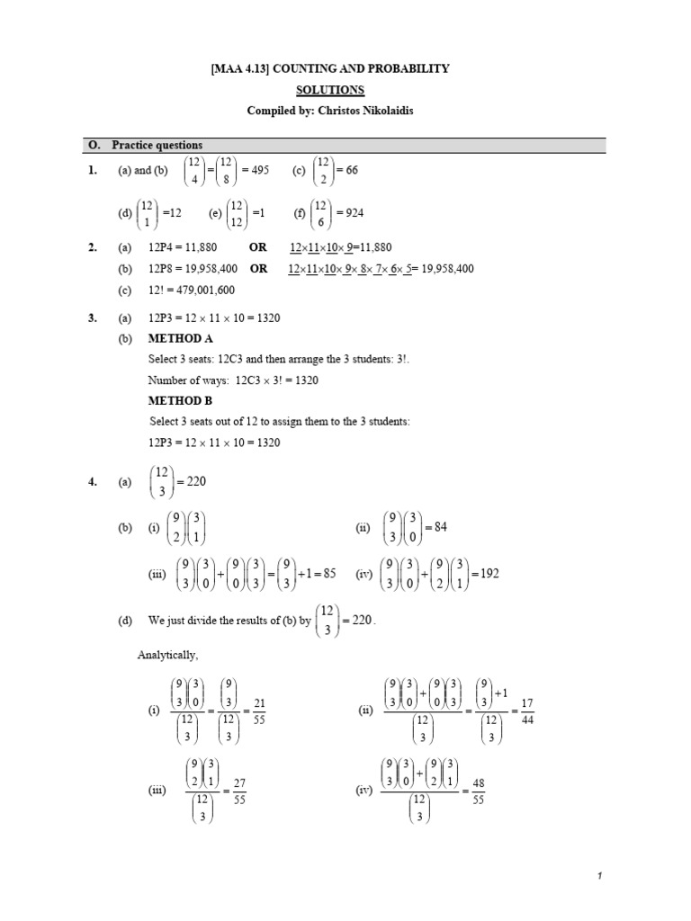 (MAA 4.13) COUNTING AND PROBABILITY - Solutions | PDF