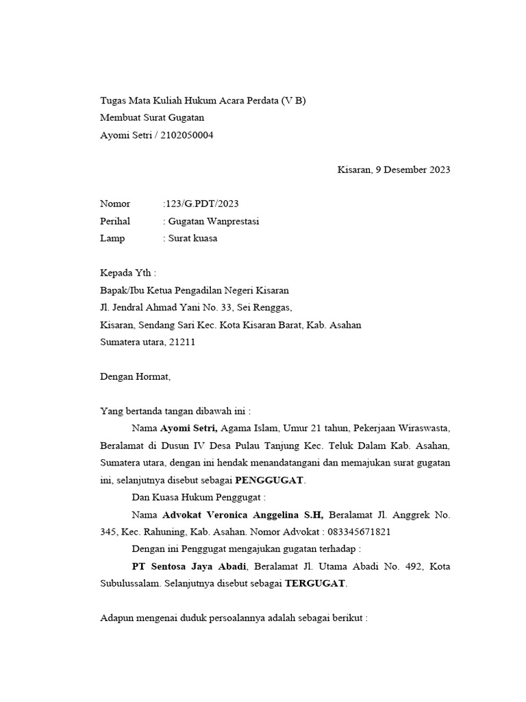 Contoh SURAT GUGATAN Hukum Acara Perdata | PDF