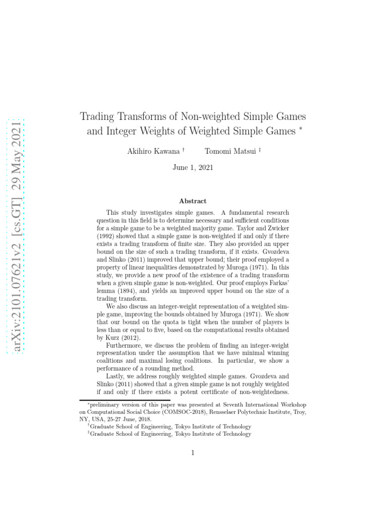 Trading Transforms of Non-Weighted Simple Games and Integer Weights of Weighted Simple Games ...