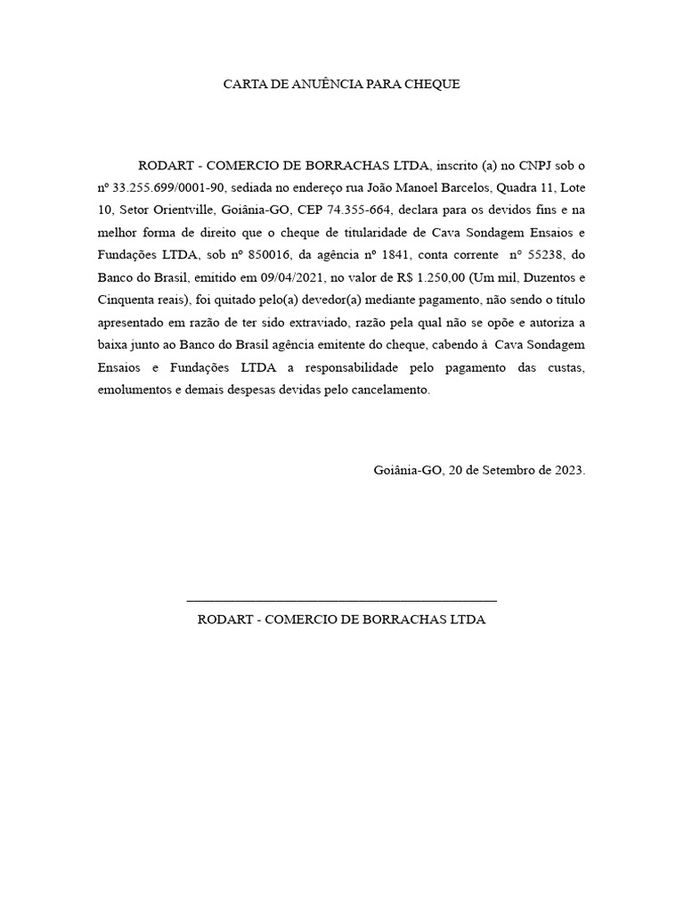 Carta de Anuência para Cheque | PDF