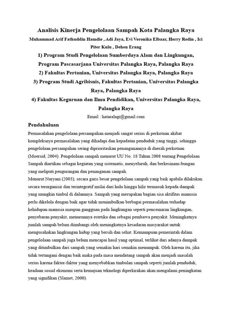 Analisis Kinerja Pengelolaan Sampah Kota Palangka Raya Muhammad Arif Fathuddin Hamdie | PDF