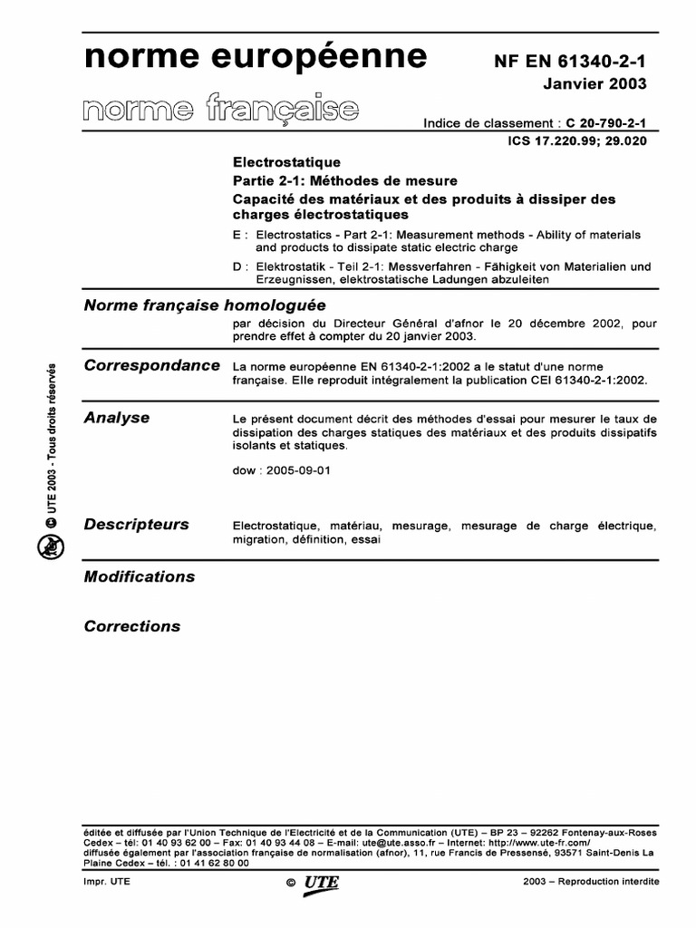 NF EN 61340-2-1 - Electrostatique, Patie2_ Méthode de mesure, capacité ...