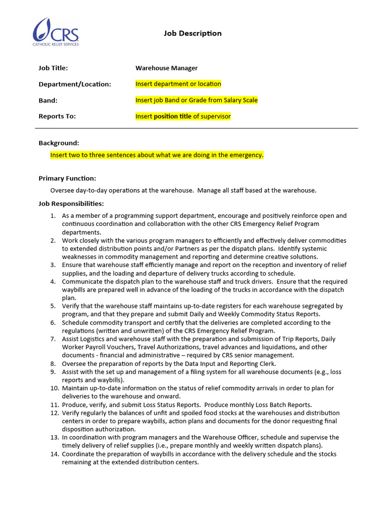 Warehouse Manager Job Description | PDF | Warehouse | Logistics