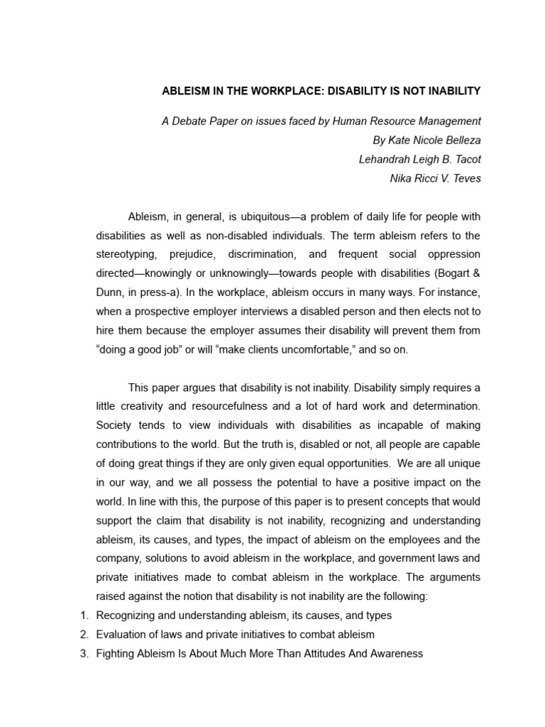 ABLEISM IN THE WORKPLACE: DISABILITY IS NOT INABILITY - Debate Paper ...