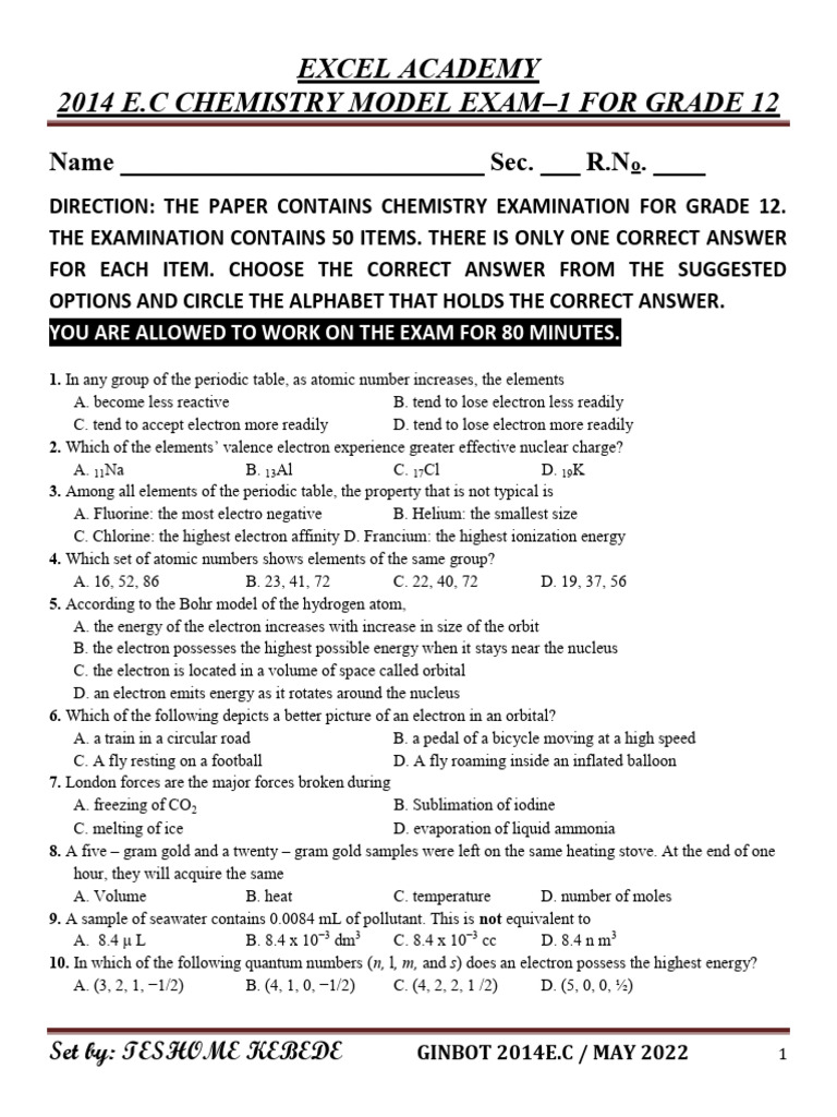 EXCEL G-12 Chemistry MODEL-1 | PDF | Magnesium | Electron