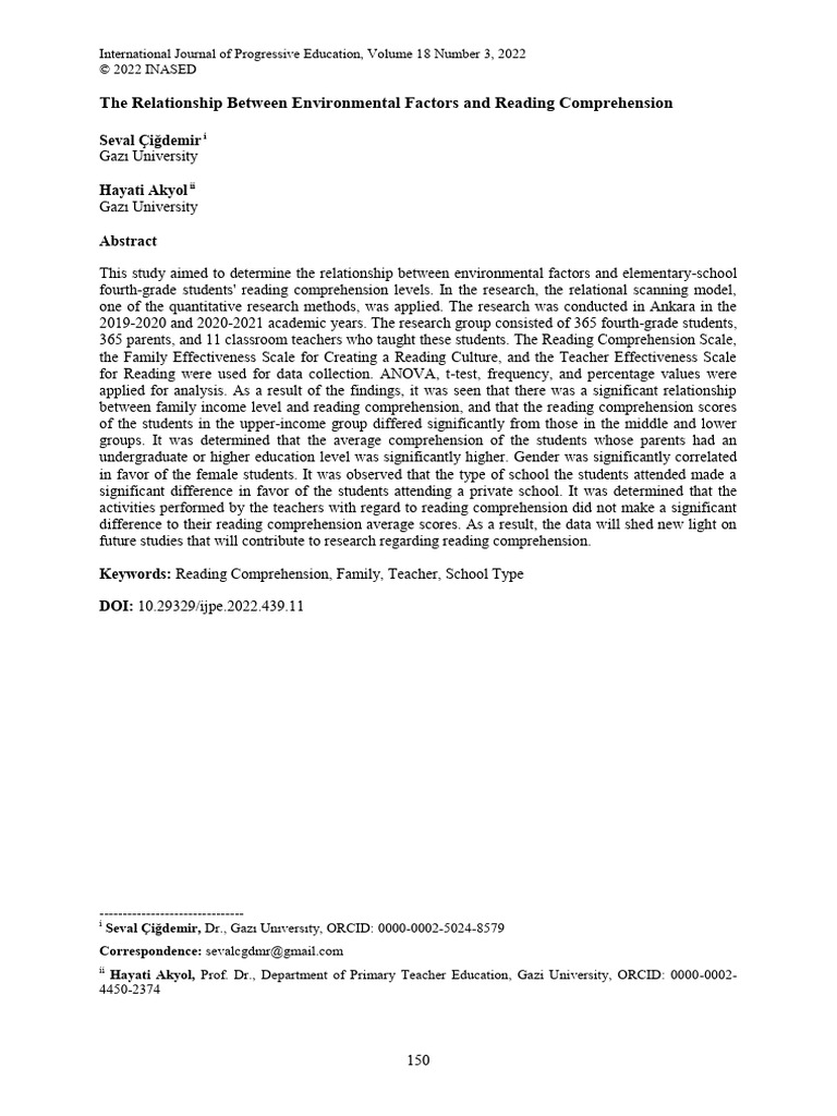 The Relationship Between Environmental Factors and Reading Comprehension | PDF | Teachers ...