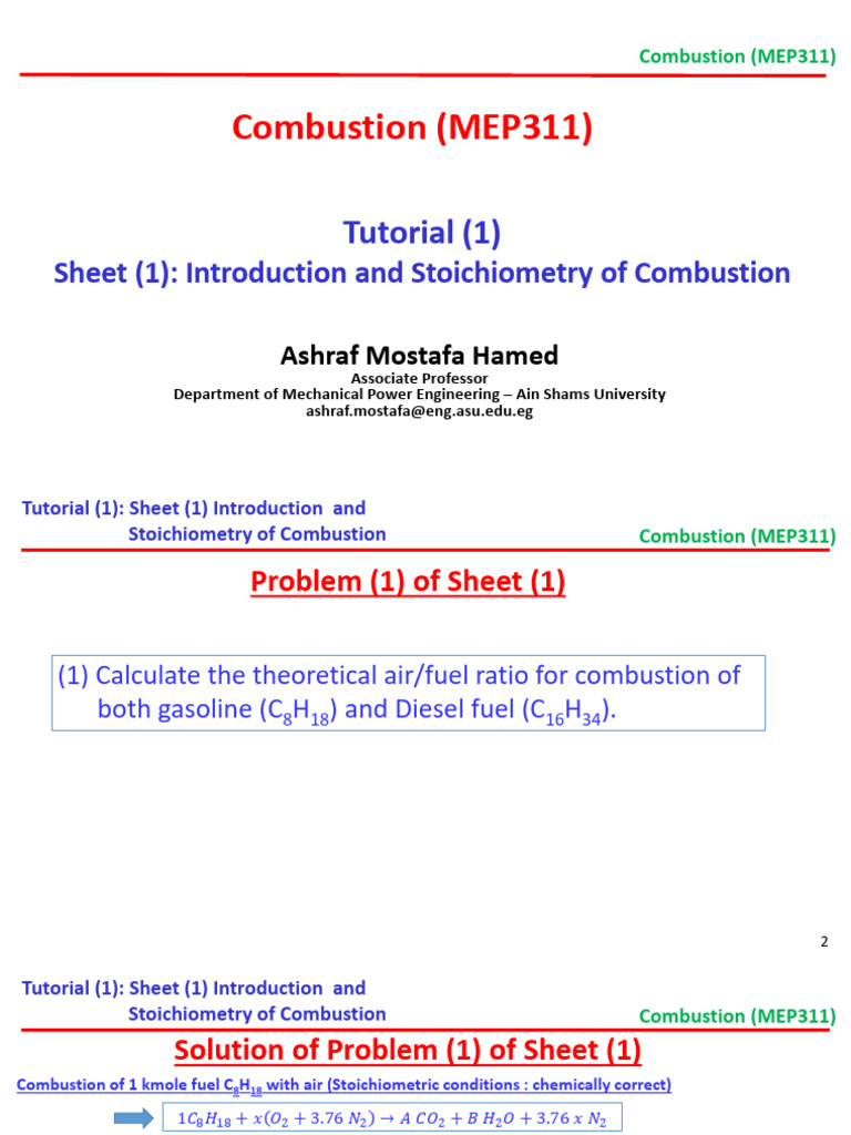 Tutorial-1-Combustion - MEP311-Sheet-1 | PDF | Stoichiometry | Combustion