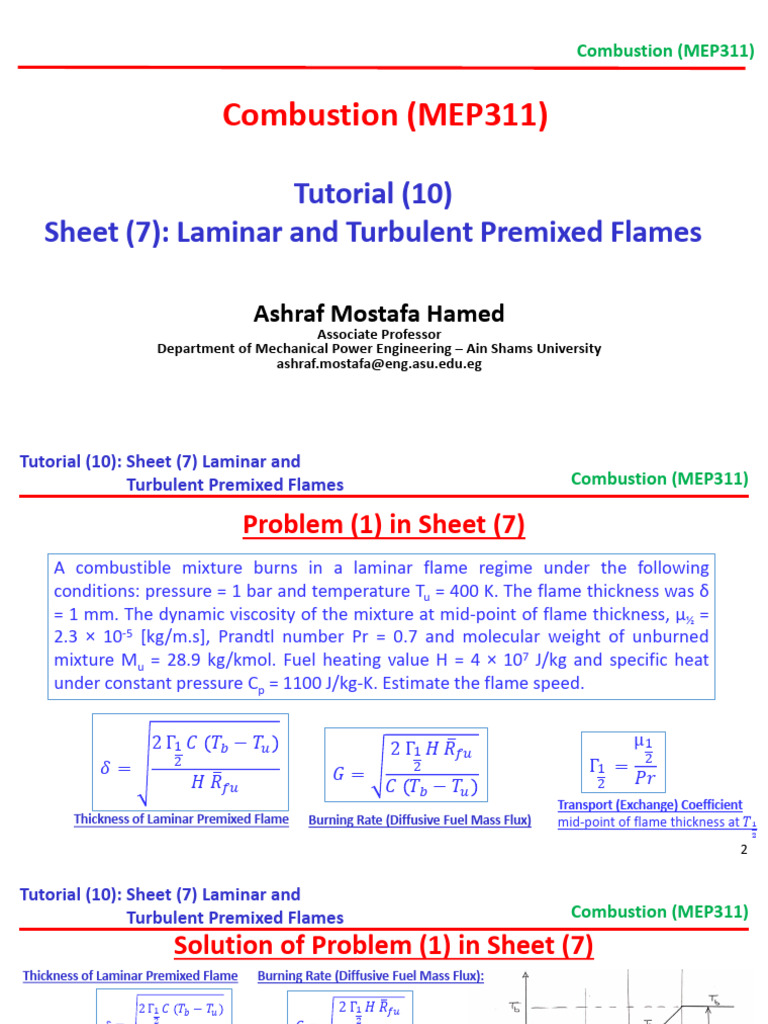 Tutorial-10-MEP311-Sheet-7-Premixed Flames-P-1-5 | PDF | Combustion | Physical Quantities