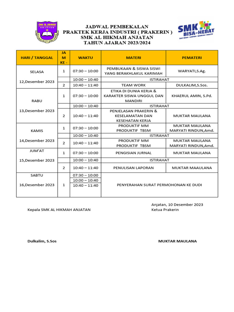 Jadwal Pembekalan PKL 2023 | PDF