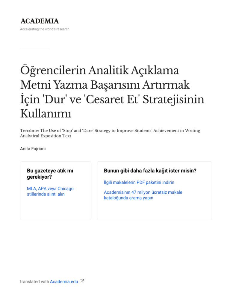 The Use of Stop and Dare Strategy To Improve Students Achievement in Writing Analytical ...