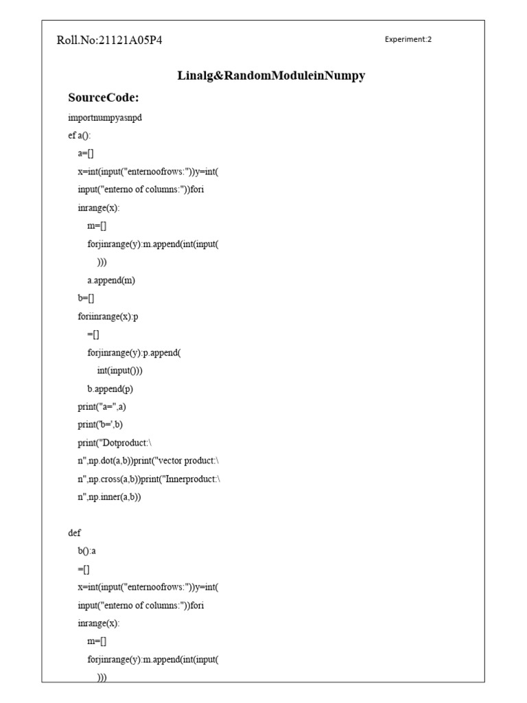 Linalg&Randommoduleinnumpy Sourcecode:: Roll - No:21121A05P4 | PDF | Operator Theory ...