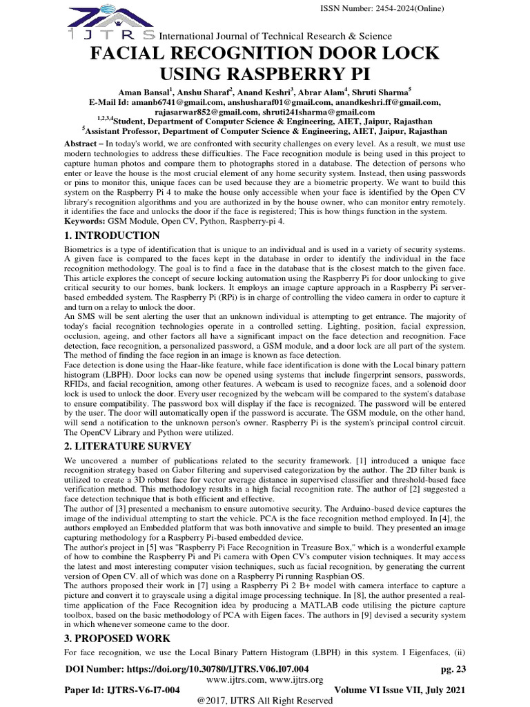 Facial Recognition Door Lock Using Raspberry Pi | PDF