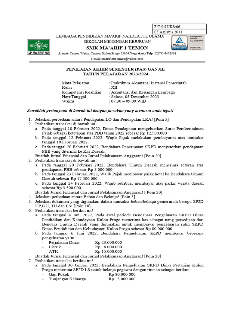 SOAL PAS Dan Kisi-Kisi PAS Kelas XII Sem Ganjil 2023-2024 (Prakt. Akuntansi Instansi Pemerintah ...