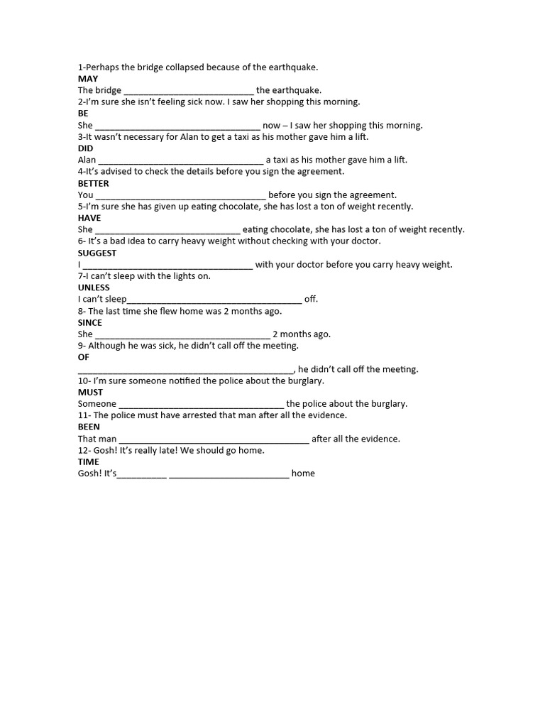 FCE SENTENCE TRANSF Past Modals It's Time Unless | PDF