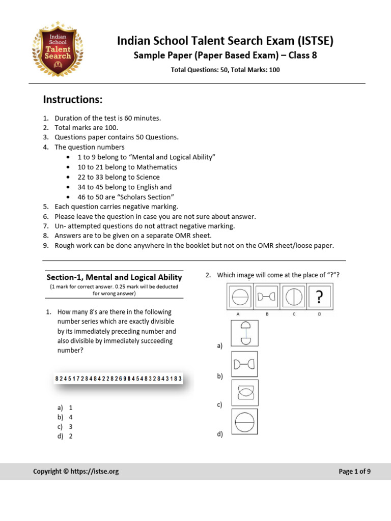 ISTSE Sample Question Paper For Class 8 | PDF | Teaching Methods ...