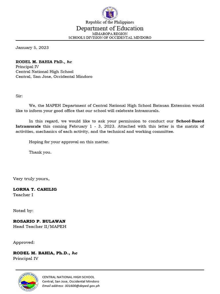 Letter Conduct of Intrams | PDF