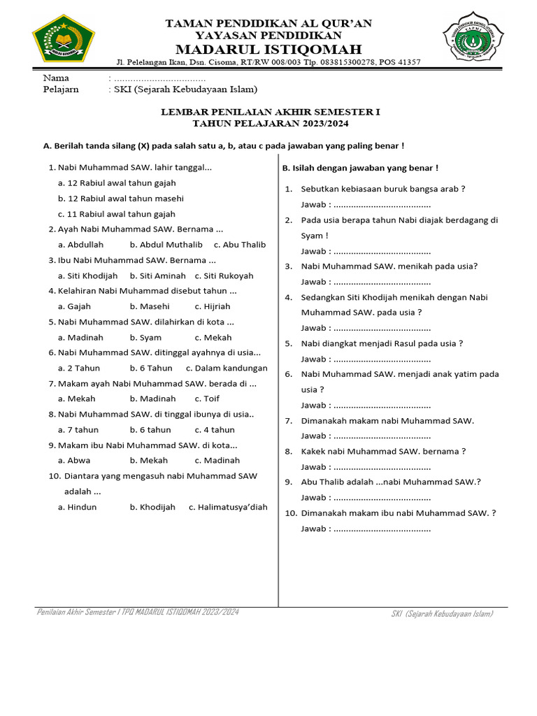 Soal TPQ S1 2023-2024 | PDF