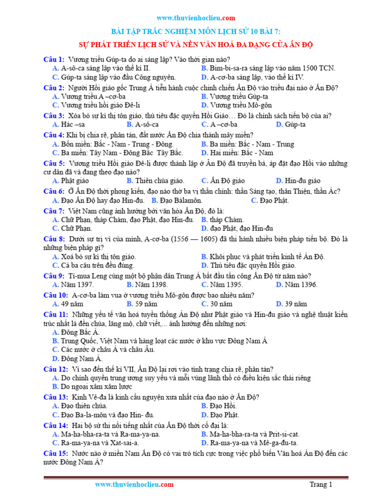Trac Nghiem Lich Su 10 Bai 7 | PDF