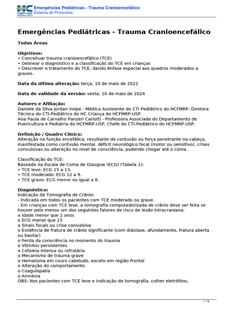 Tce Ped Usp | PDF | Traumatismo craniano | Coma
