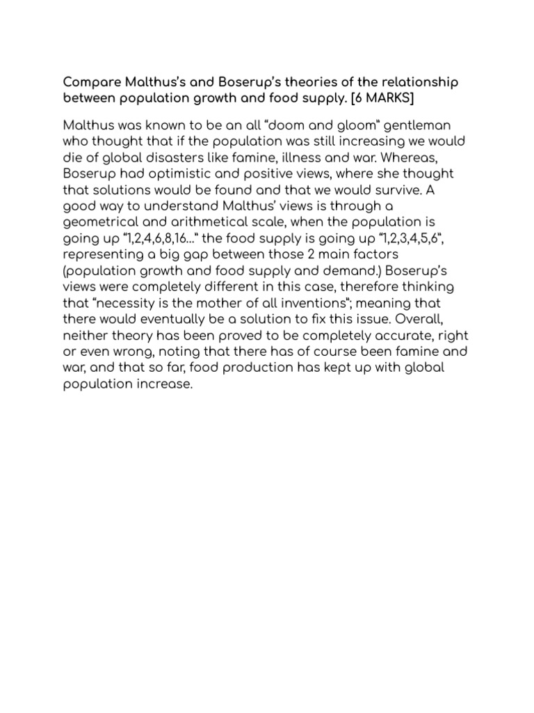 Malthus and Boserup Theories | PDF