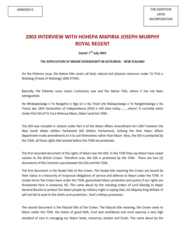 Annexed D 2003 Interview With Hohepa Mapiria Joseph Murphy Royal Regent 7th July 2003 | PDF ...