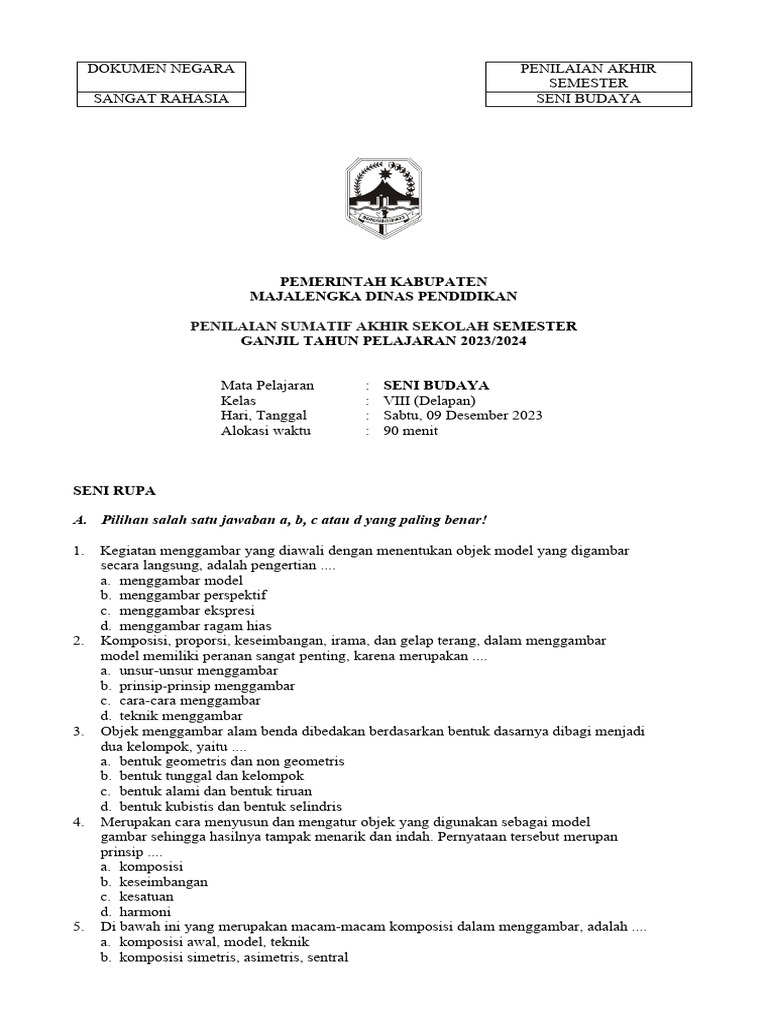 Soal Psas Seni Budaya Kelas 8 TP 2023 2024 | PDF