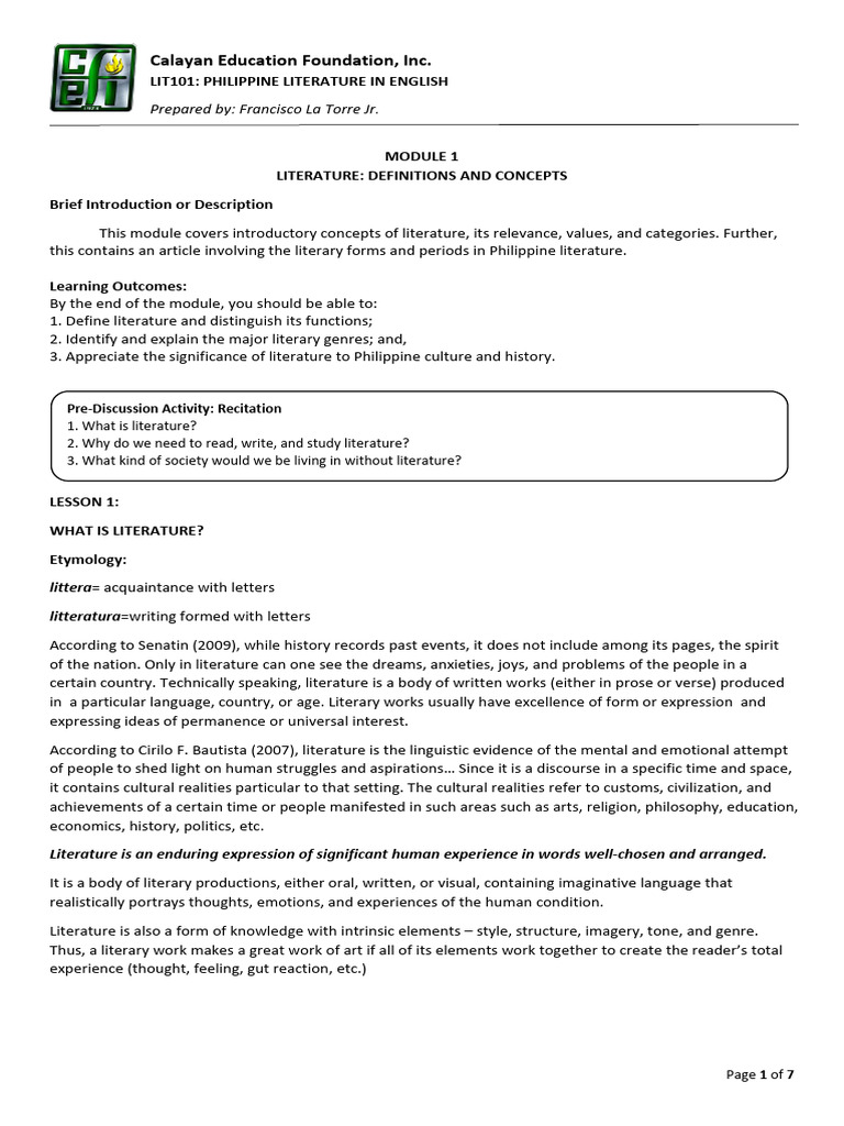 3r6e5qu1i - LIT 101 MODULE 1 2023 | PDF | Poetry | Philippines