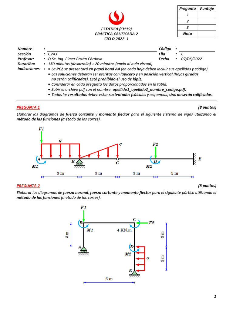 PC2_CV43_Estática_2022_01_FILA_C | PDF | Física Aplicada e Interdisciplinaria | Mecánica de ...
