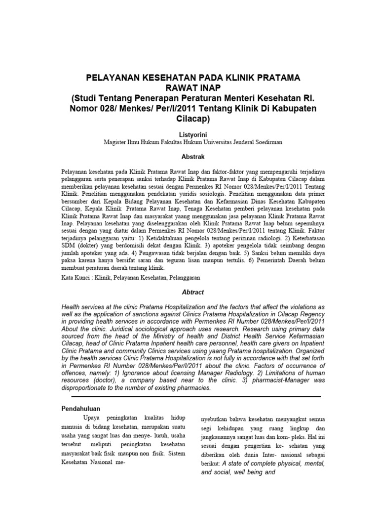 Pelayanan Kesehatan Pada Klinik Pratama Rawat Inap Pdf