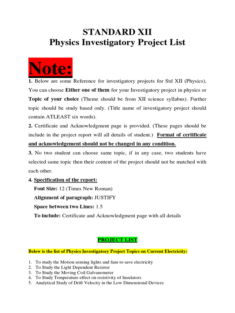 STD-12 PHYSICS INVESTIGATORY PROJECT LIST WITH CERTIFICATE AND ...