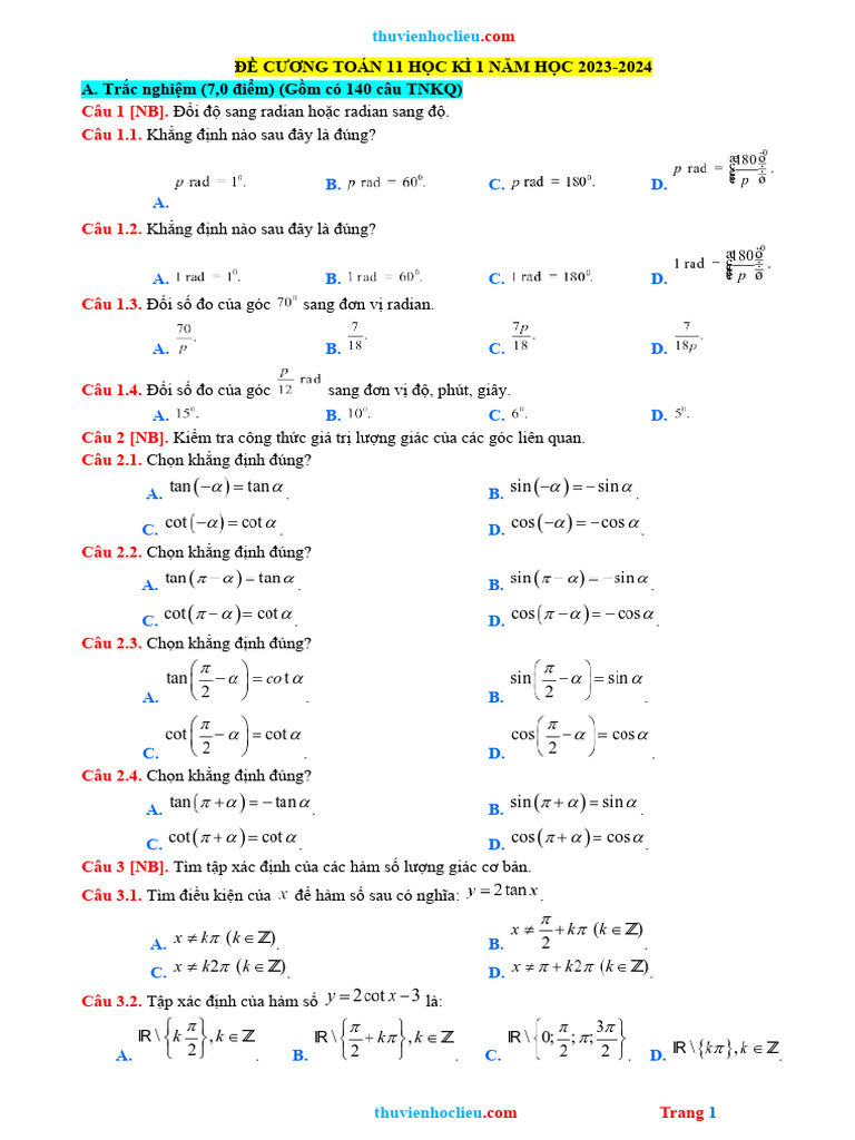 De Cuong On Tap HK1 Toan 11 | PDF