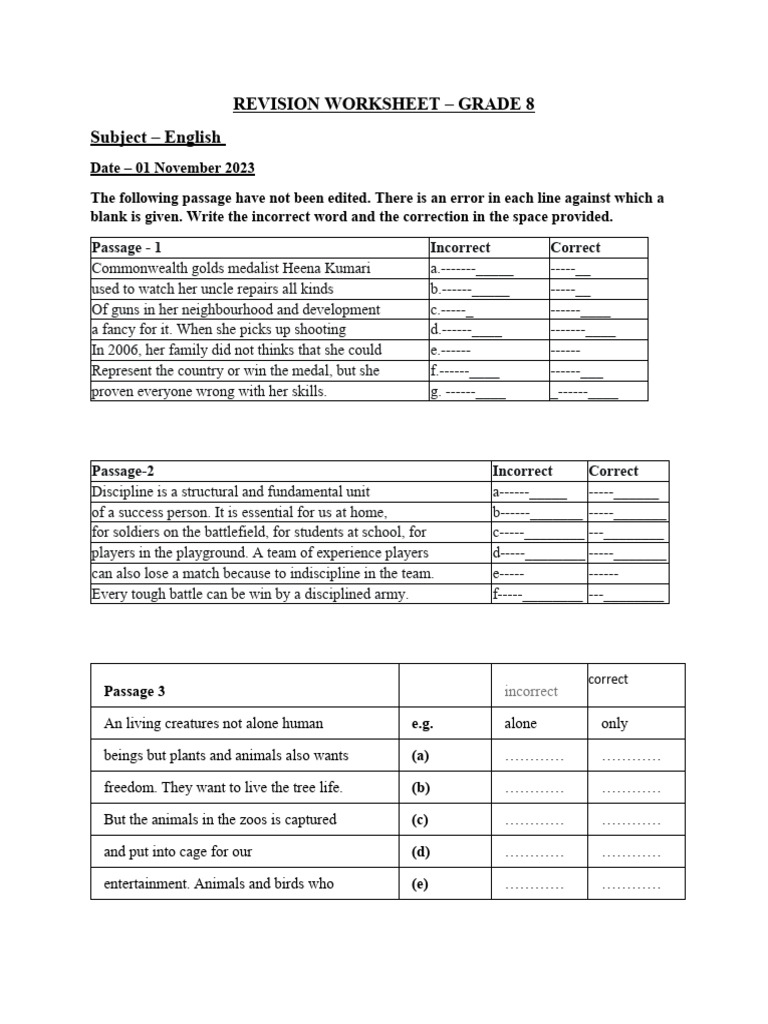 Worksheet On Editing and Omissions (GRADE 8 CBSE) | PDF