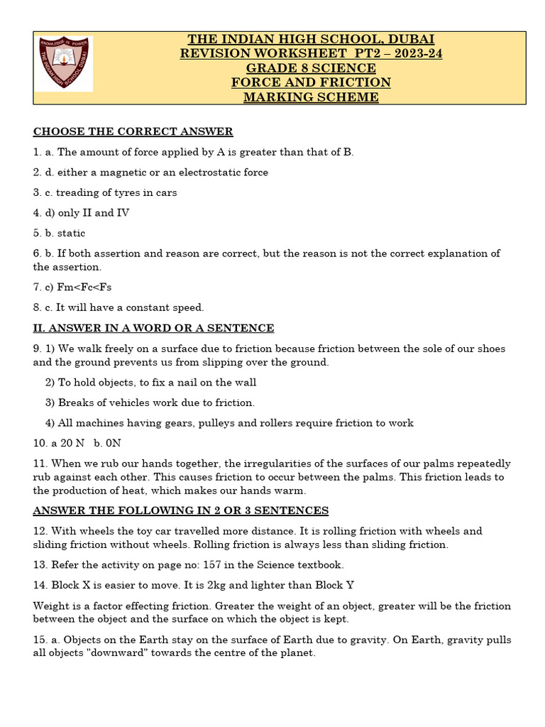 Ms - GR - 8 Pt2 Science Revision Worksheet - Force and Friction | PDF ...