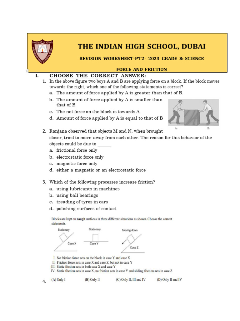 Grade 8 Forces and Friction Worksheet | PDF | Friction | Force