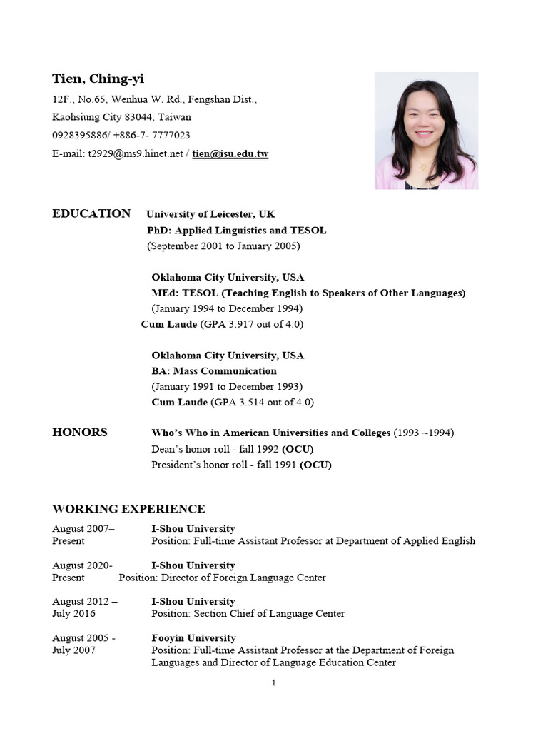 Ching-yi Tien's Academic CV | PDF | Language Arts & Discipline