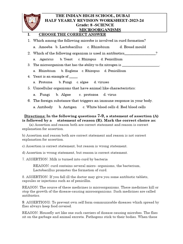 Worksheet On Microorganisms (GRADE 8 CBSE) | PDF