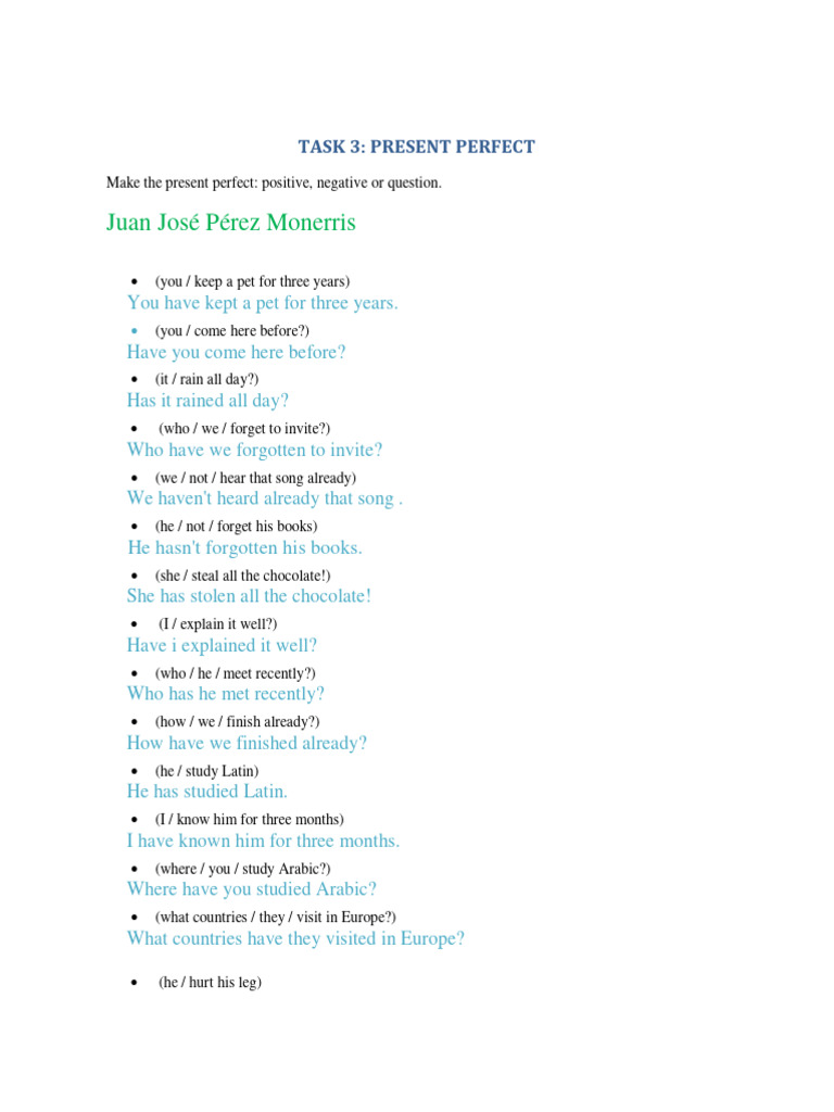 Present Perfect Exercises and Examples | PDF