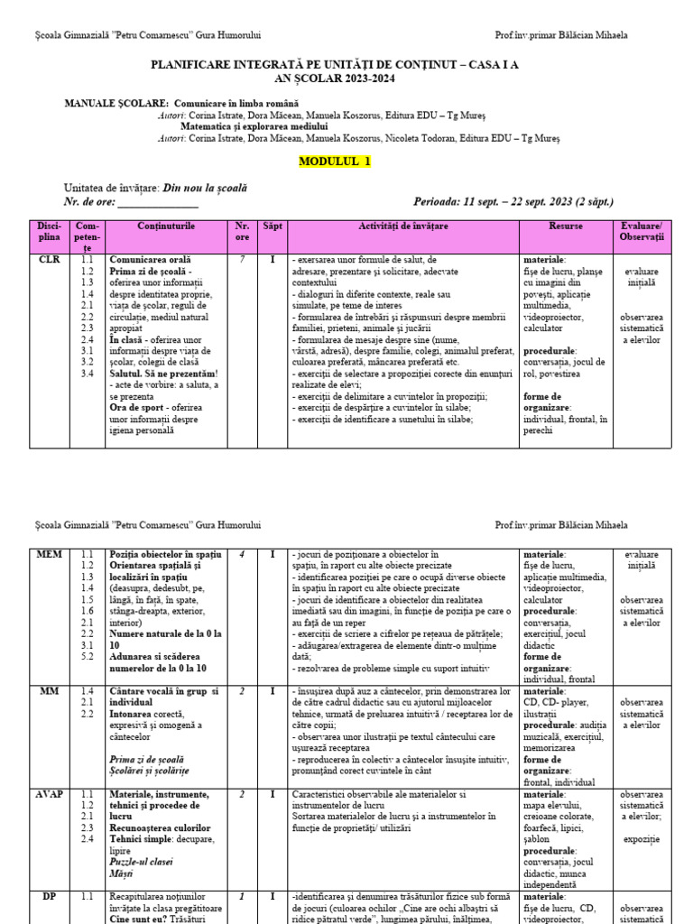 Planificare Integrata Pe Unitati de Continut Clasa I 20232024 | PDF