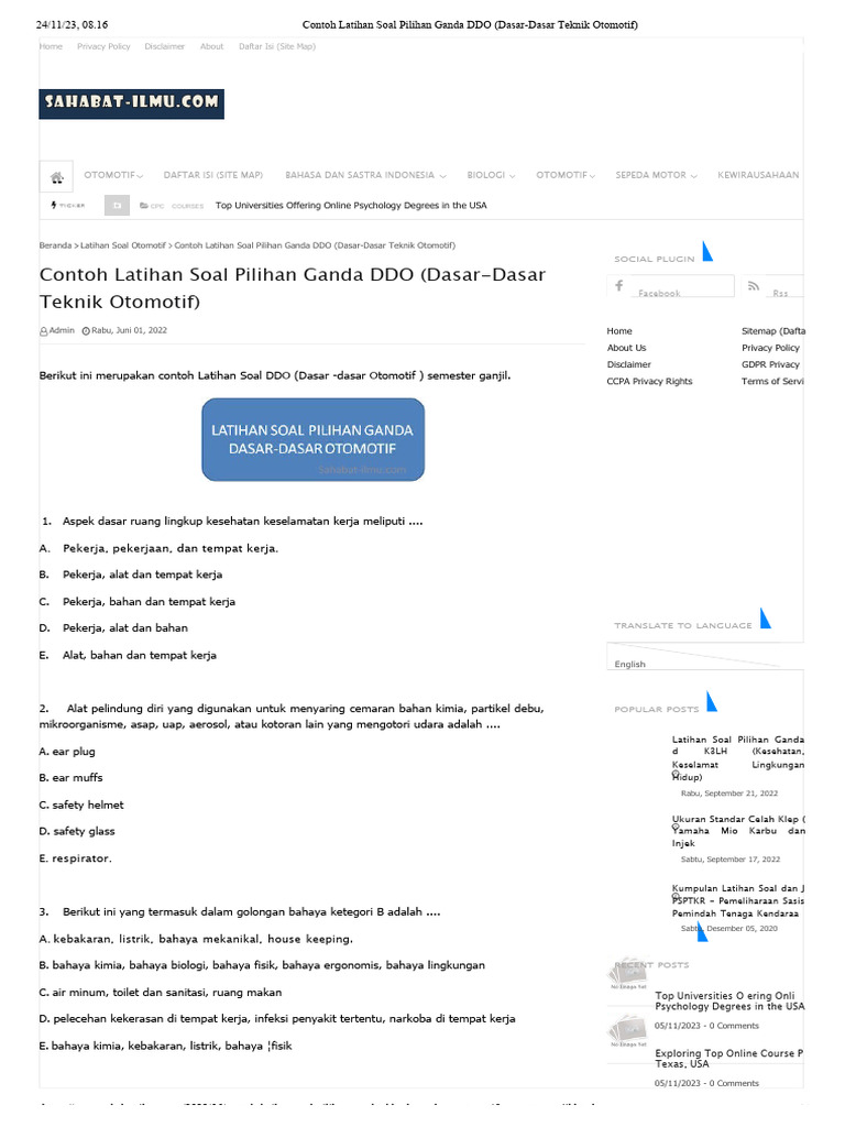 Contoh Latihan Soal Pilihan Ganda DDO (Dasar-Dasar Teknik Otomotif) | PDF