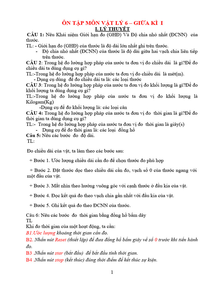 ĐỀ CƯƠNG ÔN TẬP MÔN VẬT LÝ 6 GK1 | PDF