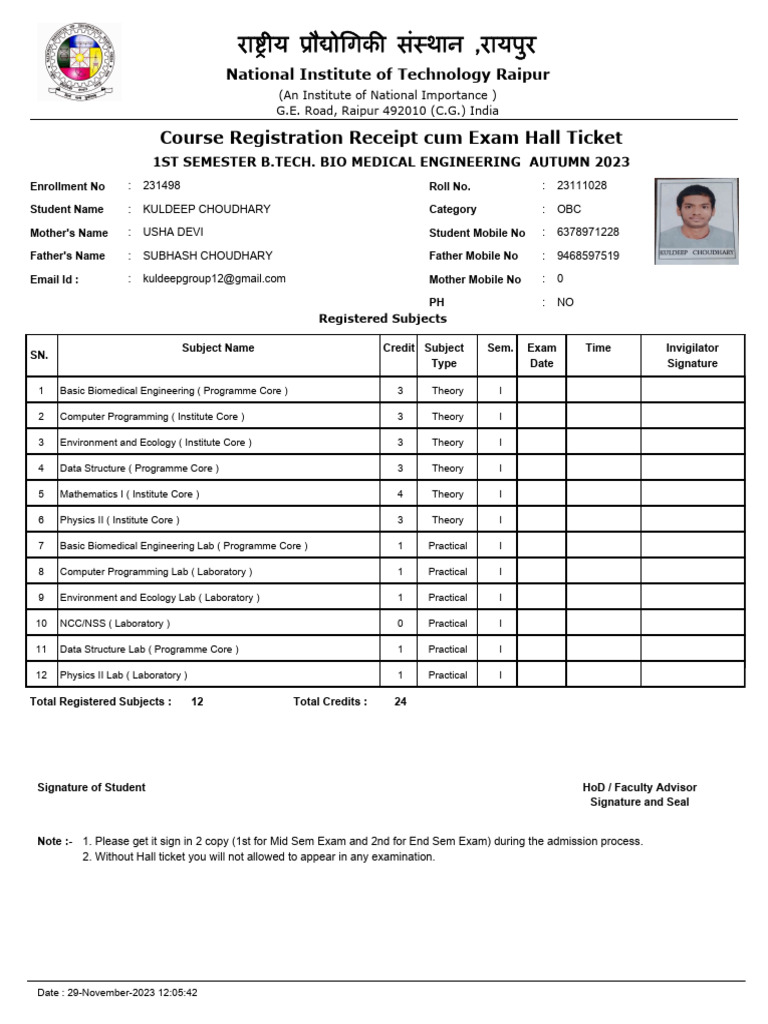 Course Registration Receipt Cum Exam Hall Ticket: National Institute of ...
