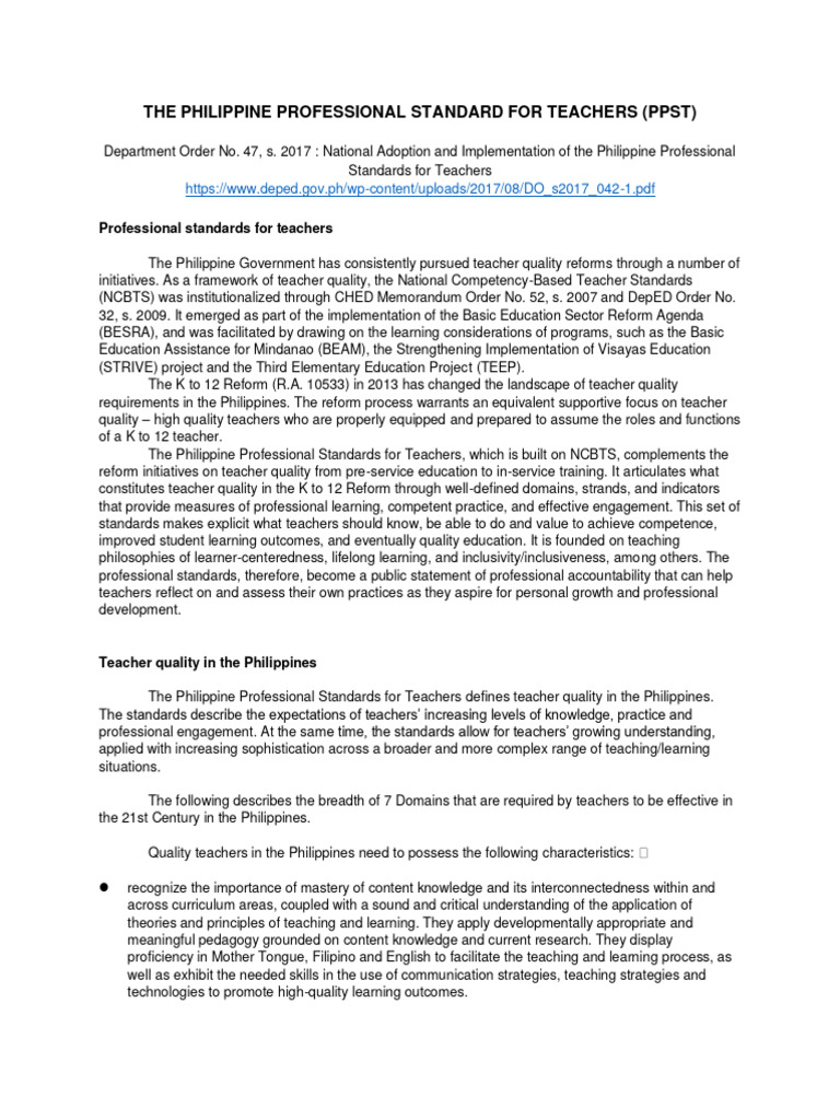 The Philippine Professional Standard For Teachers | PDF | Learning | Teachers