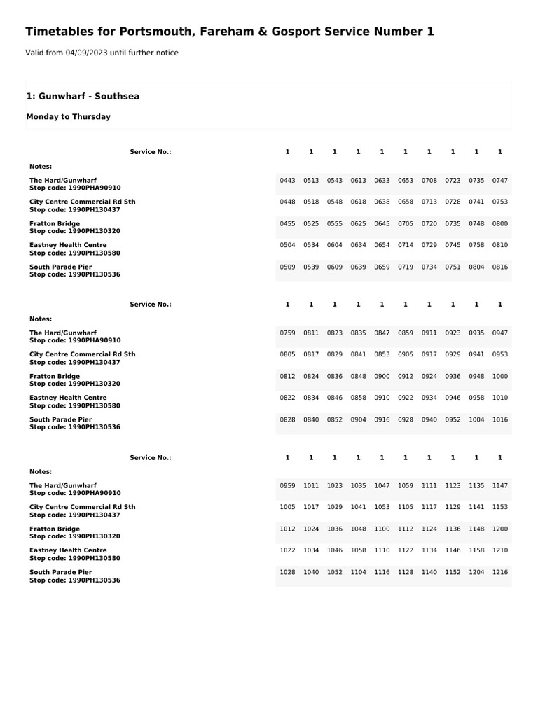 Portsmouth Number 1 Bus Timetable | PDF